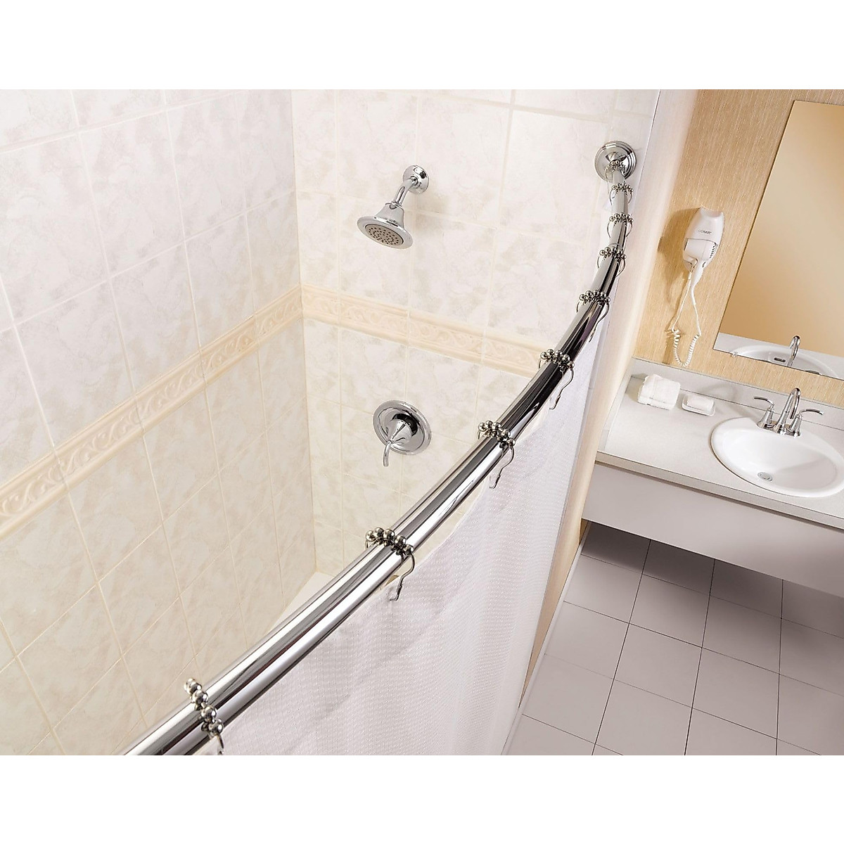 Moen Chrome 54-Inch to 72-Inch Adjustable Length Fixed Mount Single Curved Shower Curtain Rod for Bathroom, CSR2160CH