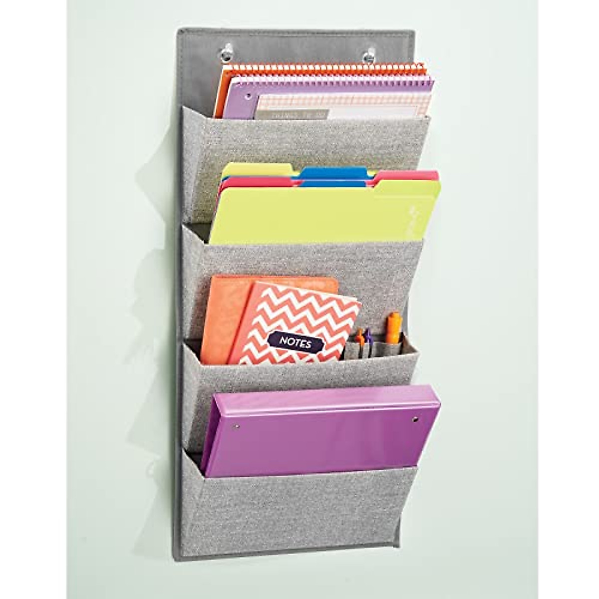 mDesign Soft Fabric Wall Mount/Over Door Hanging Storage Organizer - 4 Large Cascading Pockets - Holds Office Supplies, Planners, File Folders, Notebooks - Textured Print - Gray
