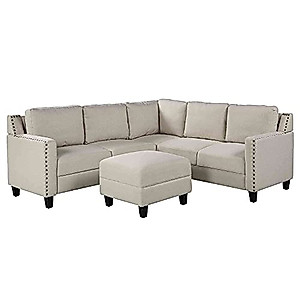 Tulib Symmetrical Sectional Sofa with Ottoman, L-Shaped Rivet Modern Upholstered Couch Set with Cushions, for Living Room, Beige