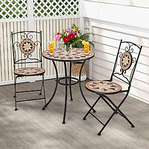Tangkula 3 Pieces Patio Bistro Set, Outdoor Garden Furniture Set with Round Mosaic Coffee Table & 2 Folding Chairs, Portable Bistro Table & Chair Set for Balcony, Backyard, Poolside, Porch, Balcony