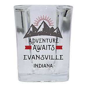 R and R Imports Evansville Indiana Souvenir 2 Ounce Square Base Liquor Shot Glass Adventure Awaits Design