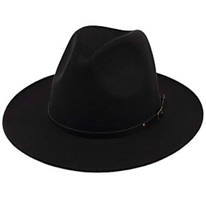Lanzom Womens Classic Wide Brim Floppy Panama Hat Belt Buckle Wool Fedora Hat (One Size, Black)