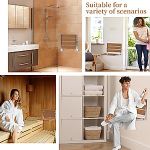 Folding Shower Seat Wall Mounted, Wall Mount Teak Shower Seat for Inside Shower, Home Care Foldable Shower Bench for Small Shower Space, Fold Down Shower Seat