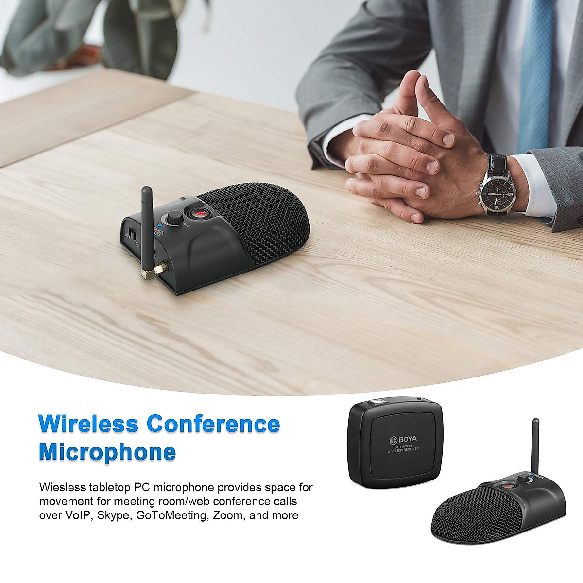 2.4GHz Wireless Conference Microphone, BOYA BY-BMW700 Omnidirectional USB Meeting Mic Table Top Desktop Microphone with 360° Pick Up Range Ideal for Video Conference, Seminars,Corporate Events