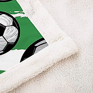WONGS BEDDING Soccer Throw Blankets Green Fleece Flannel Football Blanket Gifts for Kids Boys Girls Fuzzy Warm Soft Throw Blanket for Couch Sofa Bed Office (Green, 50"X60")