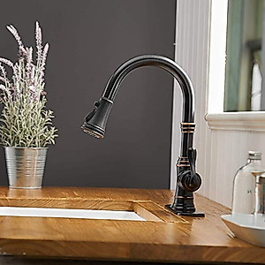 BWE Kitchen Faucet with Pull Out Sprayer 3 Spray Modes Oil Rubbed Bronze Single Handle High Arc Kitchen Sink Faucet with Deck Plate Lead-Free Commercial Bar Farmhouse Pull Down Sprayer