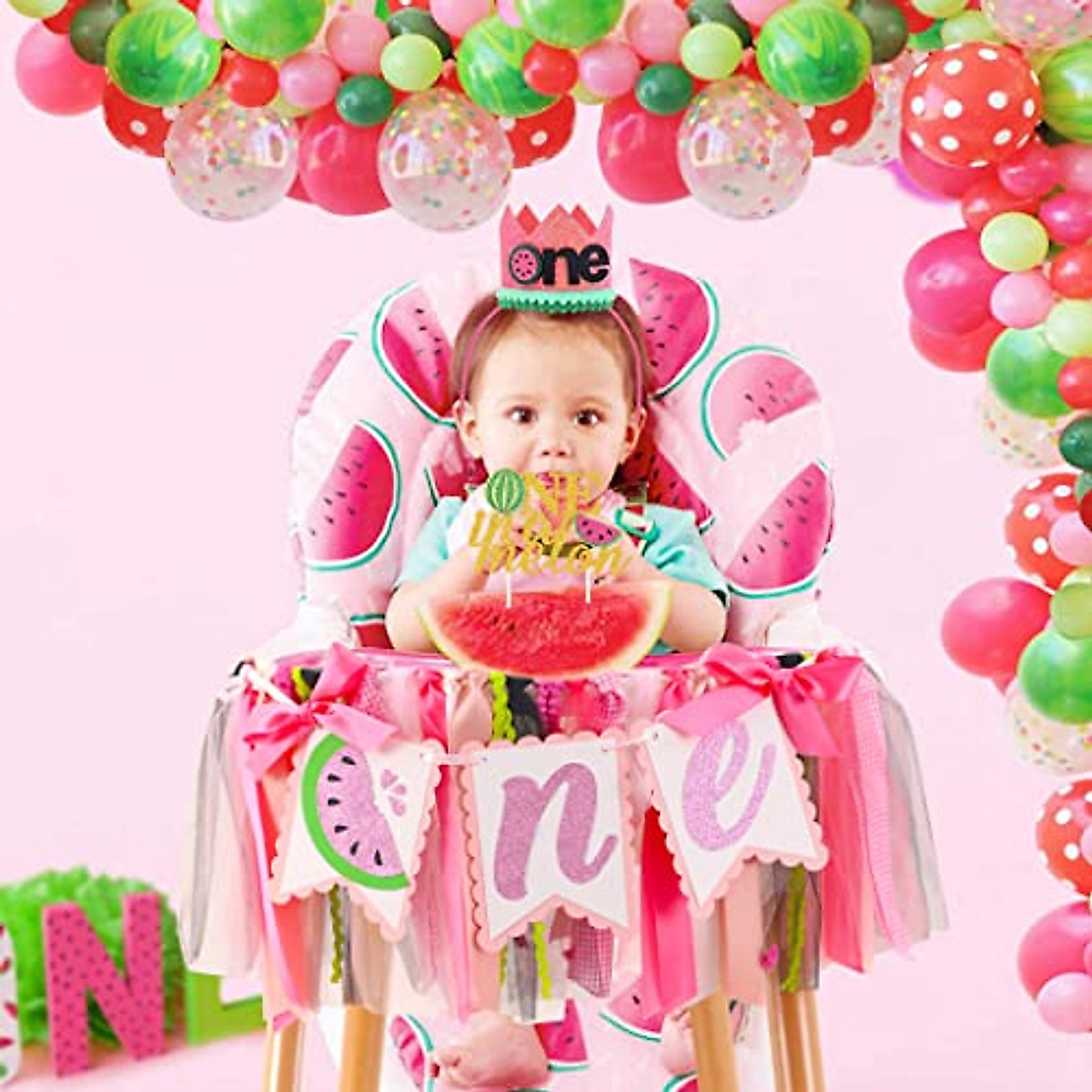 Watermelon High Chair Banner - One in A Melon Watermelon Theme,Pink Watermelon,Watermelon Party Decorations,Smash Cake Photo Prop Backdrop,Girls Firs,Summer Fruit Theme Watermelon First Birthday Party Decorations