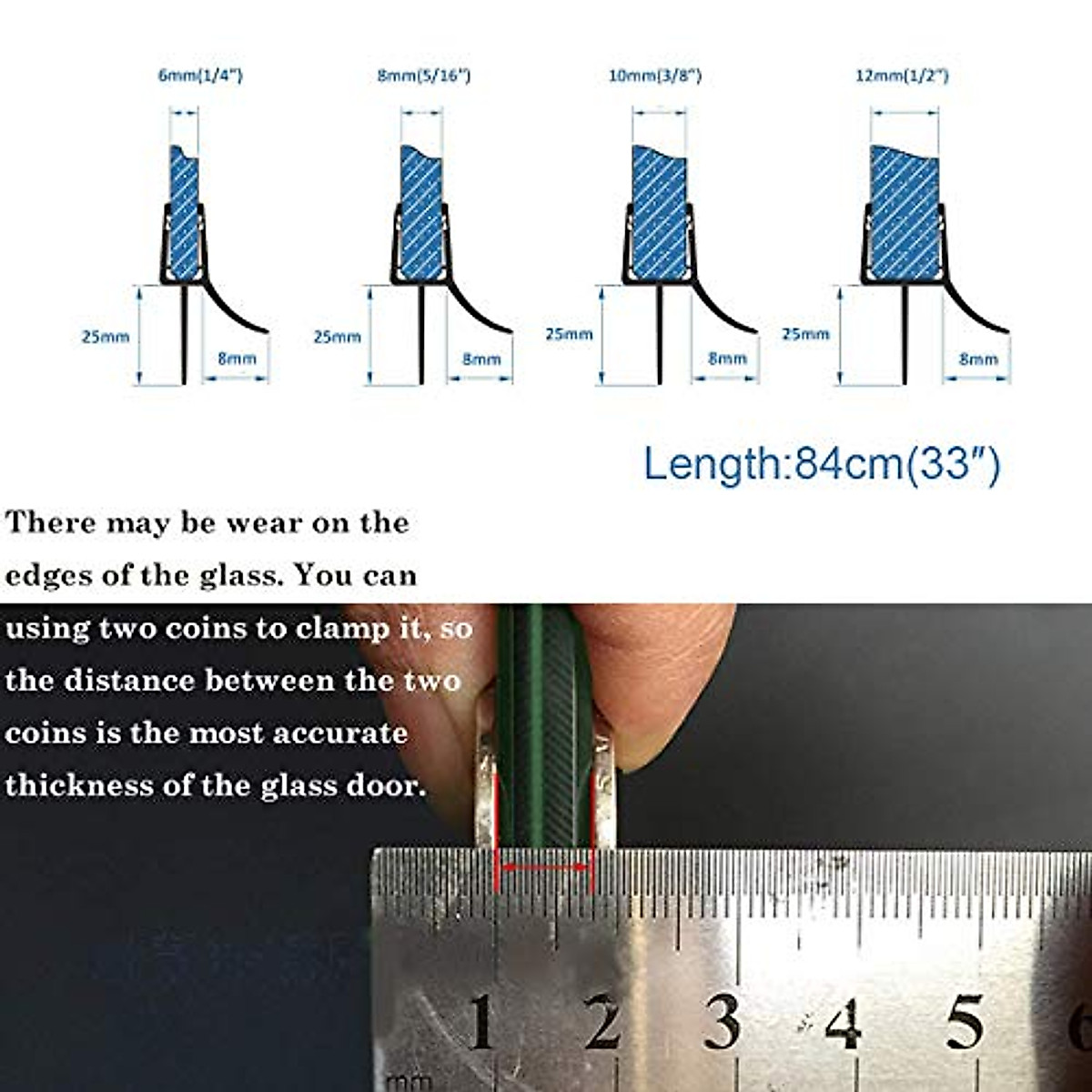 Cozylkx Frameless Shower Door Bottom Seal with Drip Rail 1/2" Thick Glass 33" Long Sweep - Glass Door Seal Strip Stop Shower Leaks