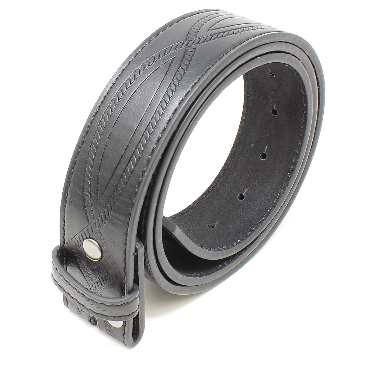 BC Belts Leather Belt Strap with Fancy Saddle Stitch Embossed Pattern 1.5" Wide with Snaps (Black-XS)