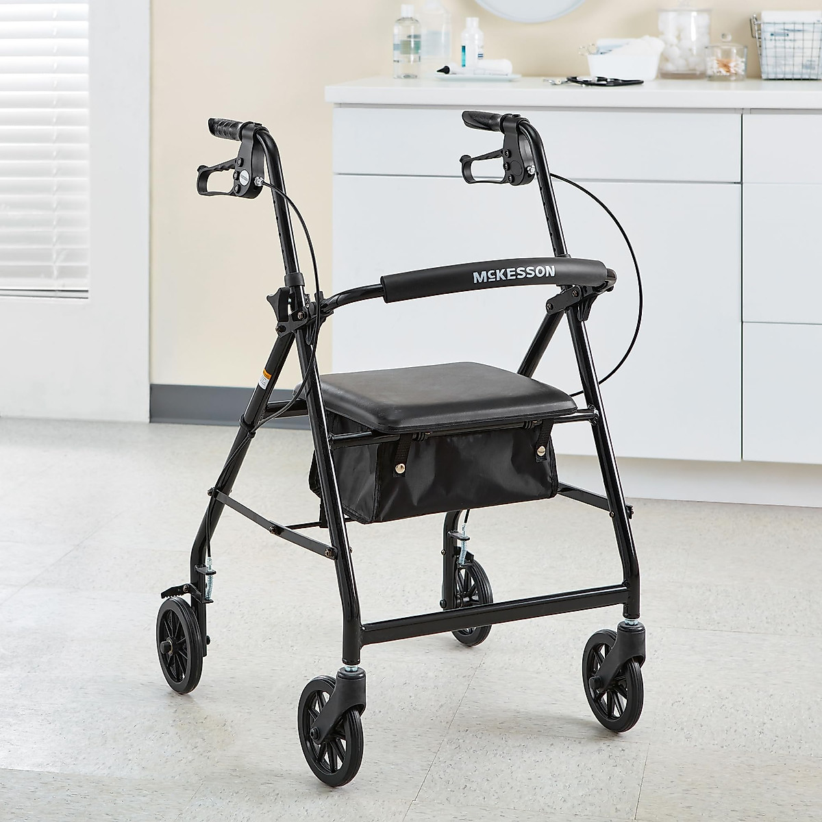 McKesson Rollator Walker with Seat and Wheels, Lightweight, Aluminum, 300 lbs Weight Capacity, Black, 1 Count