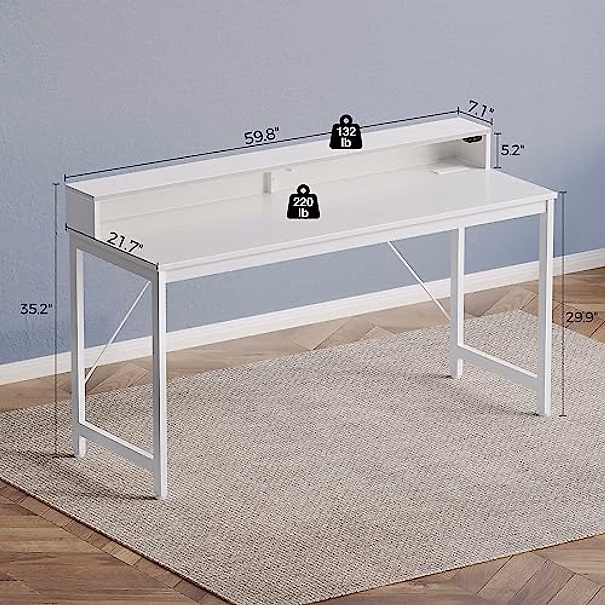 Rolanstar Computer Desk 59 inch with LED Lights & Power Outlets, Home Office Desk with Monitor Shelf, Gaming Desk, Writing Desk, Study Desk for Student & Kids, White