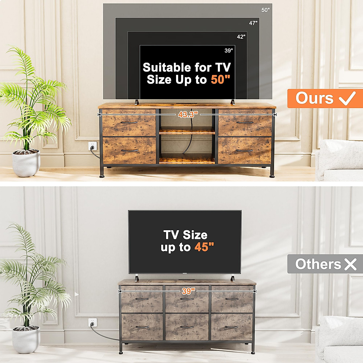 Lulive Dresser TV Stand, Wide Dressers & Chests of Drawers with Charging Station & 4 Drawers Storage for 50 inch TV, Media Console Sofa Table for Bedroom, Living Room (Rustic Brown)