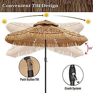 GDY 9 FT 32 LED Hula Thatched Tiki Umbrella, Hawaiian Style Beach Patio Umbrellas with Center Light for Patio Garden Beach Pool Backyard