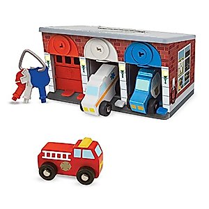 Melissa & Doug Toy Keys and Cars Wooden Rescue Vehicles and Garage (7 pcs) Red, for 36 months to 72 months