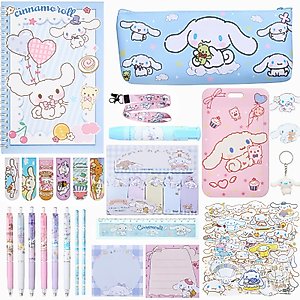 Kueeger Cinnamoroll School Supplies Set,Kawaii Cute School Supplies Gifts Set Includes Pencil Case,Pens,Sticky Note,Pins,Ruler,Eraser,Bookmarks,Stickers,Keychain,ID Card Holder with Lanyard
