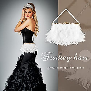 Amylove Evening Purse with Pearl Gold Chain Faux Fur Purse Fake Feather Clutch Fluffy Purse Women's Evening Handbags (White)
