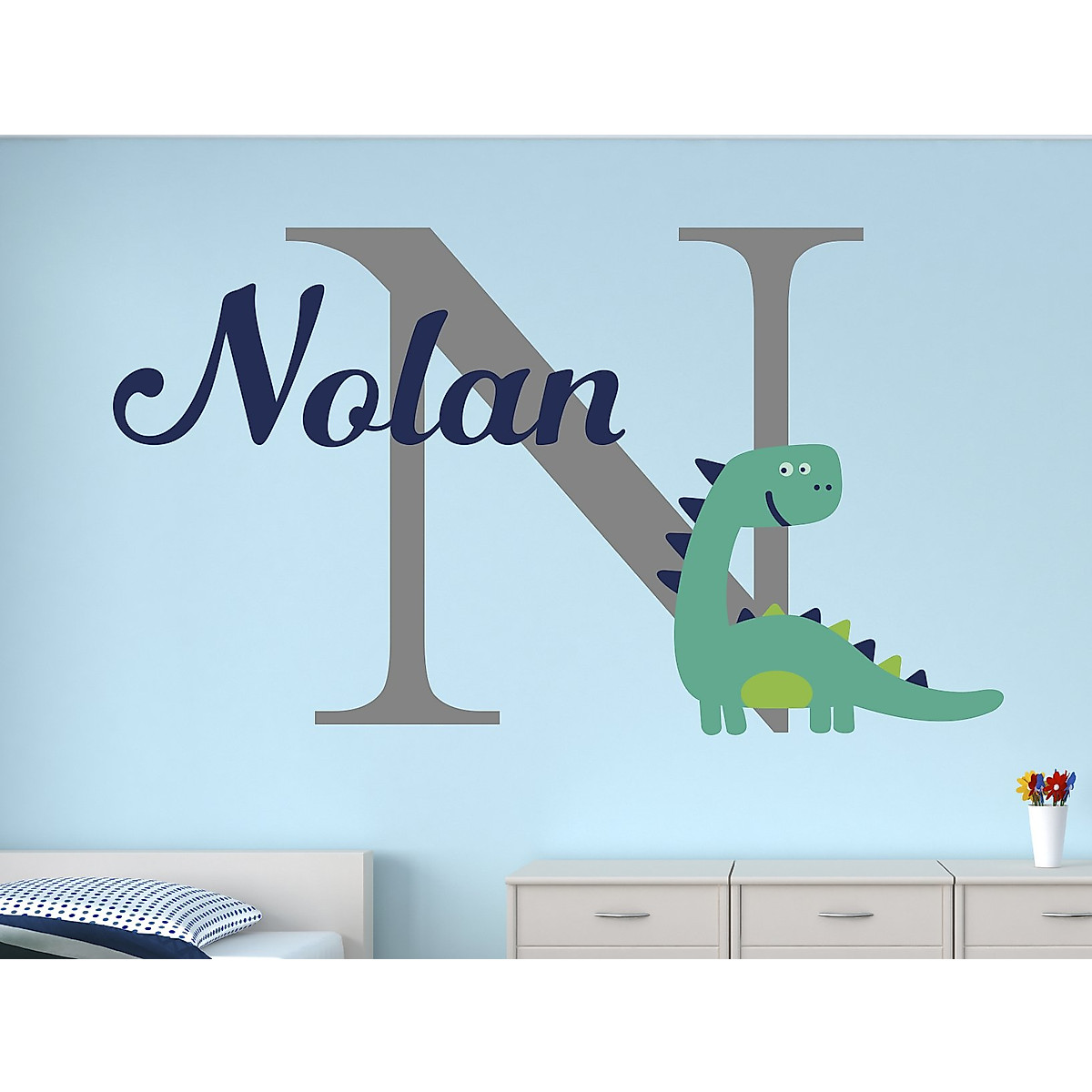 Lovely Decals World LLC Dinosaur Wall Decal Custom Boys Name Nursery Art for Kids Decor Sticker Vinyl LD45 (28" W x 18" H)