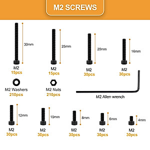 660Pcs M2 Screws Set Black, M2 x 4/6/8/10/12/16/20/25/30mm Hex Socket Head Cap Screws Nuts Washers Assortment Kit, 12.9 Grade Alloy Steel Assorted Screws, Fully Machine Threaded, Allen Socket Drive