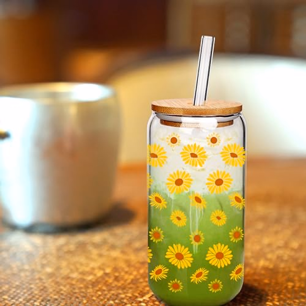 Sunflower Gifts for Women, Glass Cups with Lids and Straws, 18OZ Glass Cups, Drinking Glasses, Iced Coffee Glasses Cup, Smoothie Cups, Tumbler Glass, Reusable Cup Drinking Glasses -Set of 1