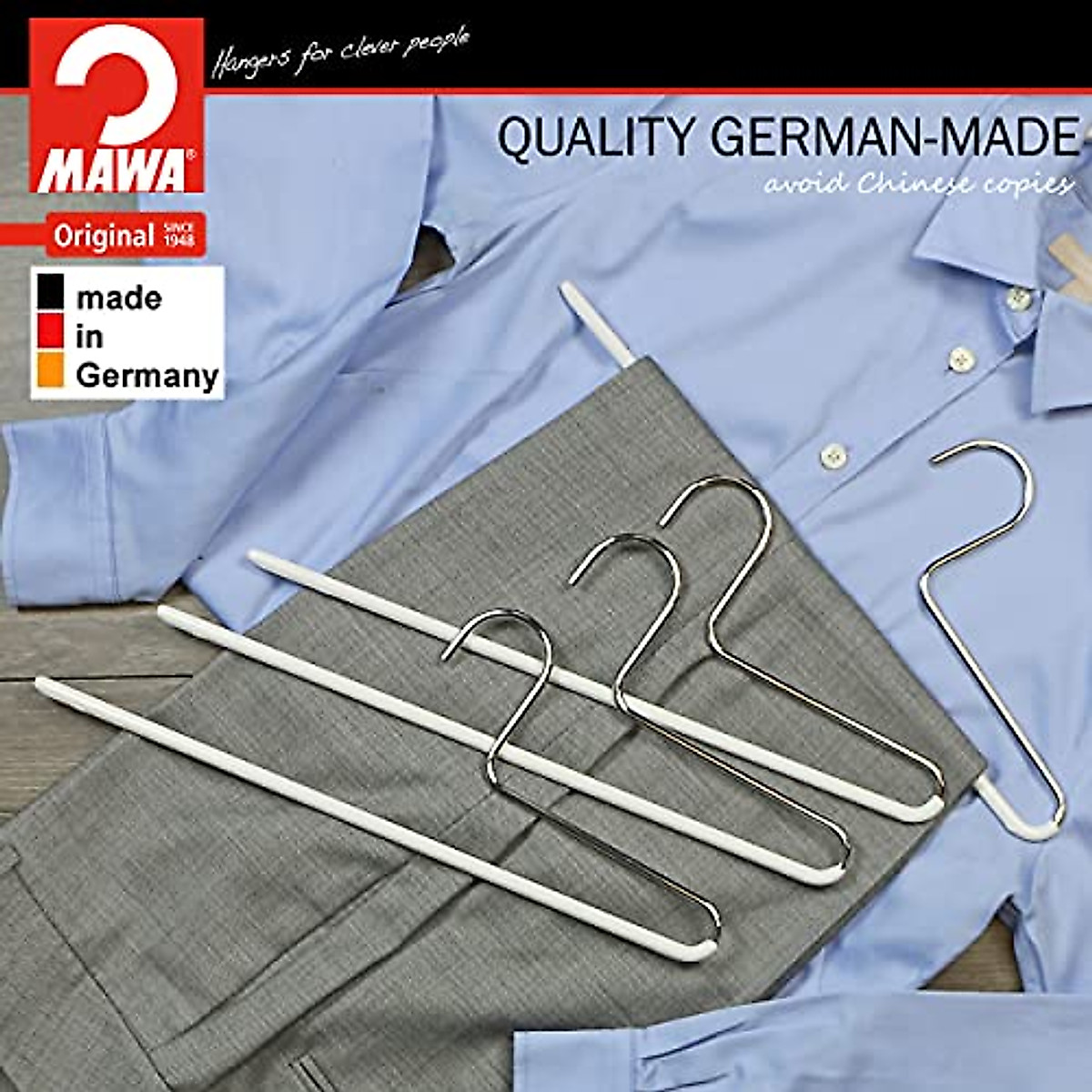 Mawa by Reston Lloyd Trouser Series Non-Slip Space-Saving Clothes Hanger with Single Rod for Pants, Style KH/1, Set of 10, White