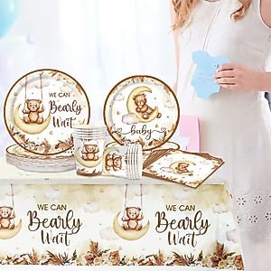 DataMoon Teddy Bear Baby Shower Decorations - 97 Pcs We Can Bearly Wait Tablecloth Baby Shower Plates and Napkins Party Decor Supplies Severs 24 for Boy Girl Gender Reveal, Happy Birthday Decorations