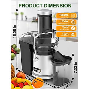 Juicer Machine, 1200W Juicer with 3" Feed Chute for Whole Fruits and Veg, Dual Speeds Centrifugal Juice Extractor, High Juice Yield, Full Copper Motor, Easy to Clean, BPA Free (Black)