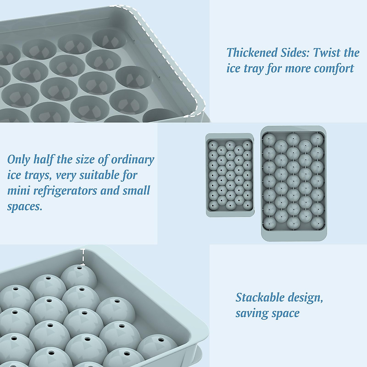 Idosf Round Ice Cube Tray with Lid & Bin for Mini Fridge, Space-Saving Ice Trays for Freezer, 66 x 0.8IN Sphere Ice Cube Mold Making, 2 Pack Circle Ice Makers with Ice Buckets & Scoop