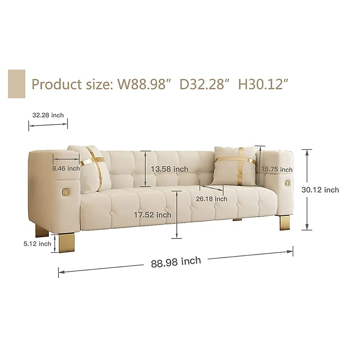 MoLiFaning 89" Modern Chesterfield Velvet Sofas Mid Century Modern Button Tufted Velvet Couches with 2 Pillows and Gold Legs,for Living Room Apartment Bedroom Office Beige