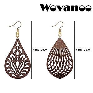Wovanoo Wood Earrings for Women Natural Wooden Teardrop Drop Dangle Earring Flower Brown