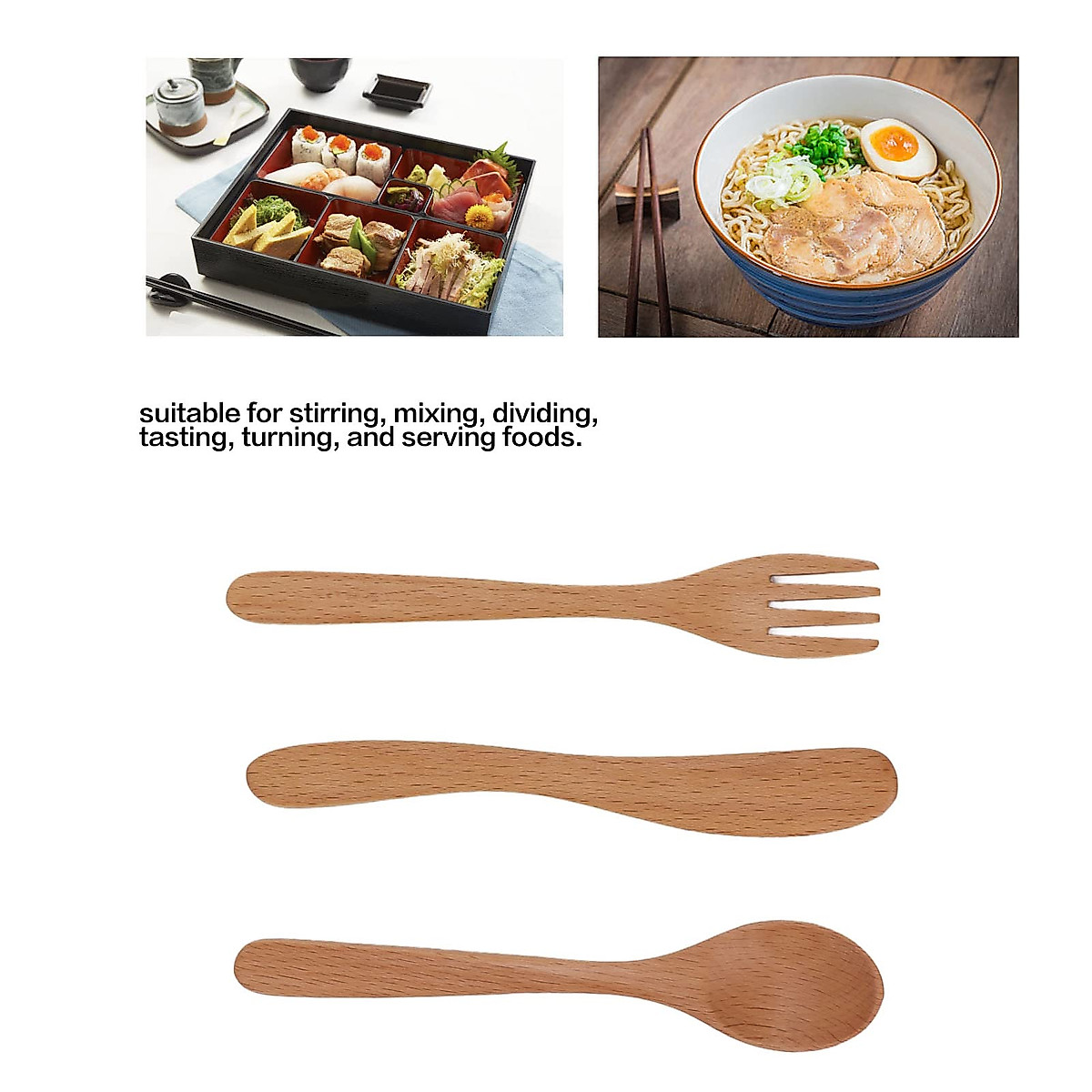 Wooden Flatware Set, Japanese Style Thick Beech Wood Cultery Set, Reusable Wooden Eating Utensils, Sturdy Smoothing Spoon Fork Set with Knife for Home, Kitchen, Cooking