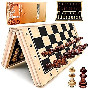 Wooden Magnetic Chess Set, YJZ 12” Chess Board Portable for Folding, Travel Chess Sets for Adults, Including Extra 2 Queens, Set with Storage Slot, Portable Birthday Gift for Children and Beginners