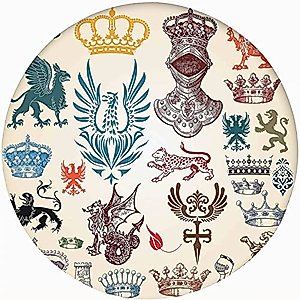 Medieval Round Fitted Tablecloth Cover,Renaissance Icons Retro Style Baroque Elastic Edged Polyester Fitted Table Cover, XXLarge, Fit Round Tables up 65"-71" Diameter, for Outdoor Indoor Use