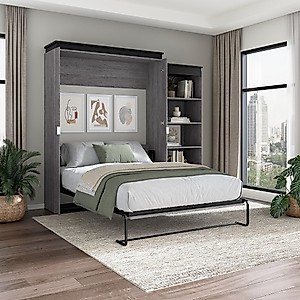 Bestar Orion Queen Murphy Bed with Shelves (97W) in Bark Grey and Graphite, Sleeping Arrangement with Storage