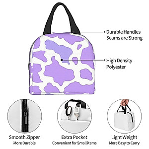 Cow Pattern Purple Lunch Box Bento Travel Bag Picnic Tote Boxes Insulated Durable Container Shopping Bag Reusable Waterproof Bags For Adult Women Men