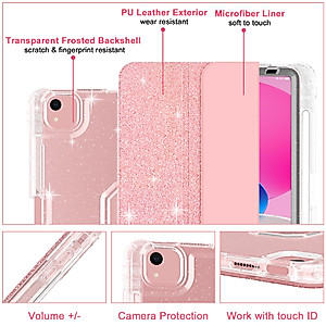iPad Air 11 Inch Case 2024, iPad Air 5th/4th Gen Case 2022/2020 10.9 Inch with Pencil Holder, Auto Wake/Sleep, Sparkly Glitter Trifold Stand Leather Cover with Shiny Clear TPU Back, Rose Gold