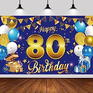 6x3.6FT 80th Blue Gold Birthday Backdrop Happy Birthday Photography Background Banner for Gold Birthday Party Backdrop for Men Women Birthday Party Supplies Decoration.