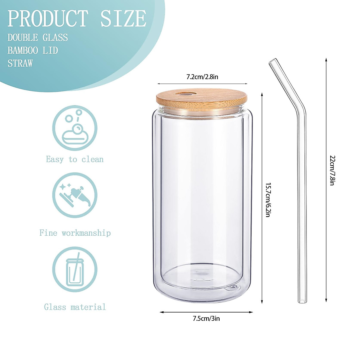 YOUKE OLA 8 Pack Pre Drilled Beer Glass Can Shaped Double Wall Glass Cans Blank with Bamboo Lid & Straws, Glass Cups for Snow Globe Glitter (Clear 12oz)