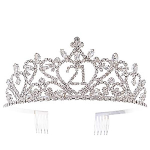 Ella Celebration 21st Birthday Tiara 21 Crown for Women Birthday Party Headband Hair Accessories Supplies (Silver Heart)