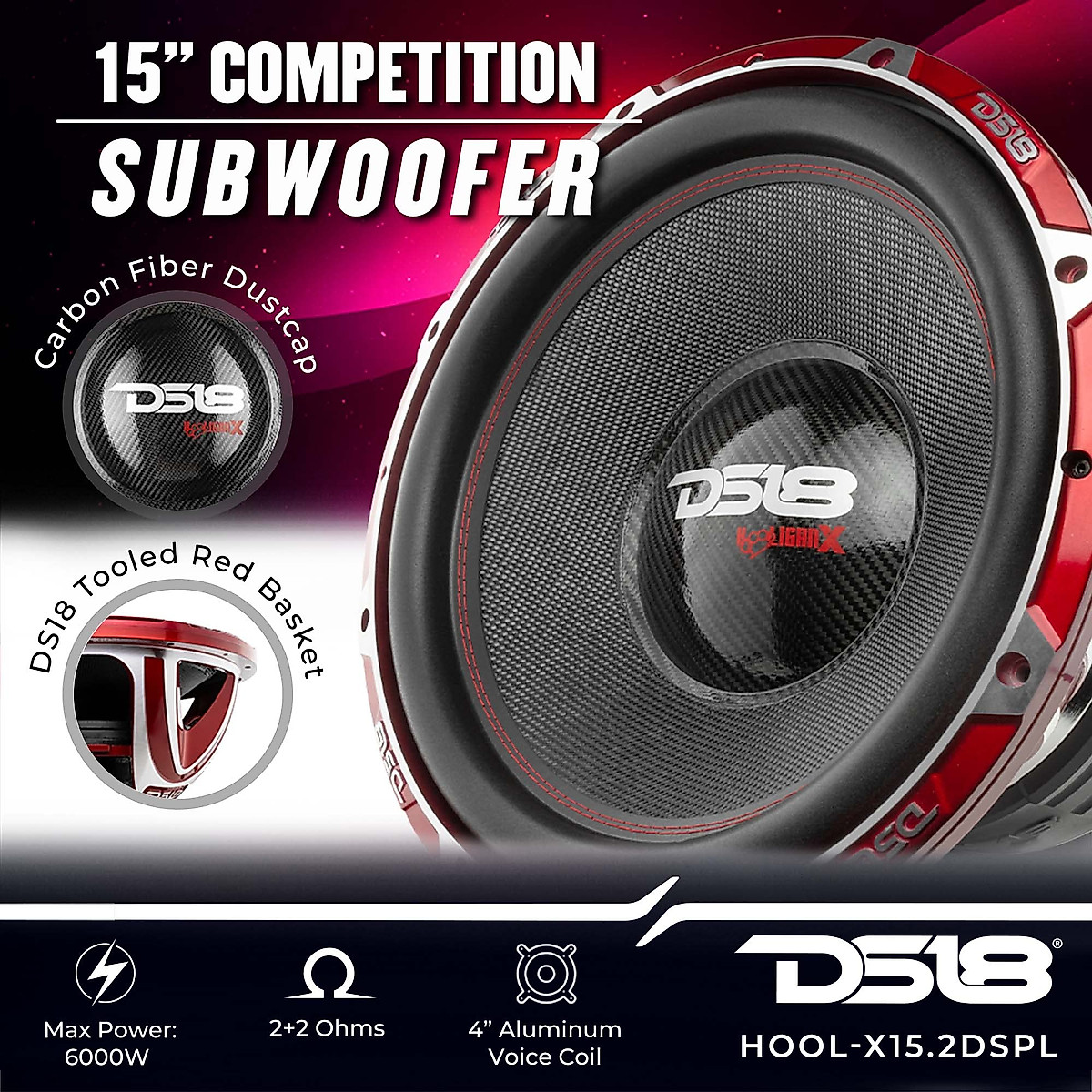 DS18 HOOL-X15.2DSPL Hooligan X 15 Inch SPL Car Audio Subwoofer 4000 Watts Rms 4" Dual Voice Coil 2-Ohm DVC 2+2 Ohm (1 Speaker)