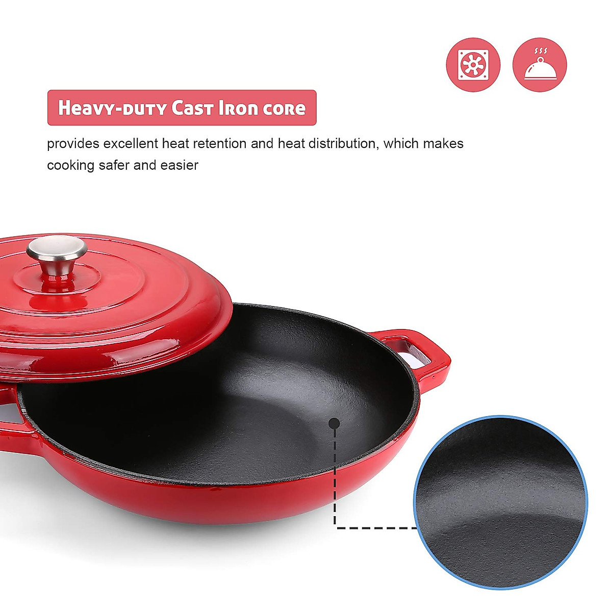 Puricon Enameled Cast Iron Casserole Braiser Pan 3.8 Quart, 12 Inches Enamel Cookware Skillet with Lid and Dual Handles -Red