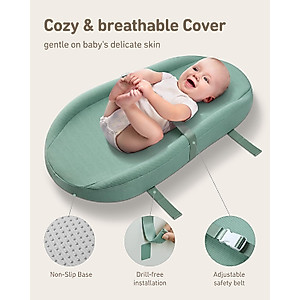 Contoured Changing Pad with Soft & Washable Cover, Waterproof Lining Foam Baby Changing Table Pads for Dresser Top, Secure with Security Strap and Two High Curved Sides, 32”×16”, Sage Green