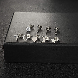 Magitaco 9 Pairs Stud Earrings Surgical Steel Dainty Small Heart Moon and Star Earrings Minimalist Geometric CZ Silver Ball and Triangle Earrings Sets for Women Men