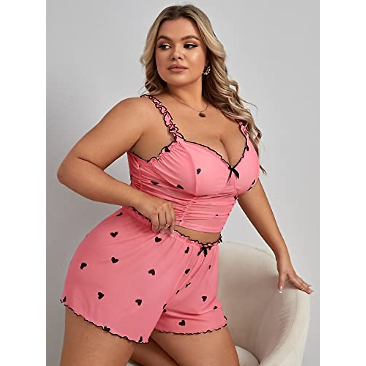 WDIRARA Women's Plus Size Sleepwear Heart Print Ruched Lettuce Trim Cami Top and Shorts Pajama Set Watermelon Pink 3XL
