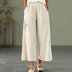 Todays Deals Sale Clearance fold Over Yoga Pants for Women Cotton Linen Pants for Women Embroideried Capri Palazzo Pants Wide-Leg Pants Plus Size Baggy Slacks Trousers Beige 2XL