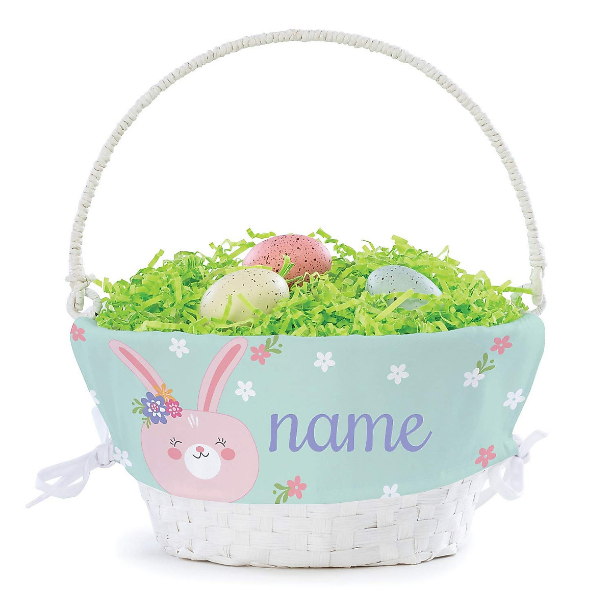 Personalized Girl Bunny Easter Egg Basket with Handle and Custom Name | Pink Easter Basket Liners | White Basket | Woven Easter Baskets for Kids | Customized Easter Basket | Gift for Easter