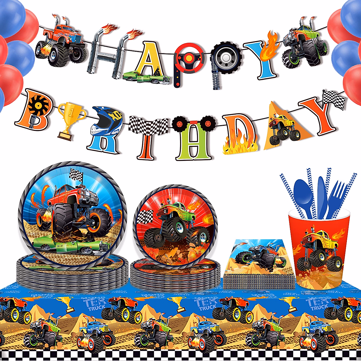 Monster Truck Birthday Banner Monster Truck Banner Cars Trucks Happy Birthday Sign Boy Birthday Bunting for Cars Theme Birthday Party Decorations, Monster Truck Party Supplies