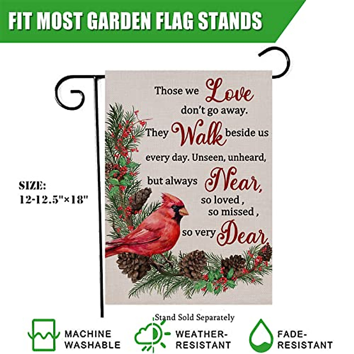 Furiaz Those We Love Don't Go Away Cardinal Red Bird Small Decorative Winter Garden Flag, Quote Yard Pincone Tree Branches Home Outside Decoration, Christmas Farmhouse Outdoor Decor 12x18