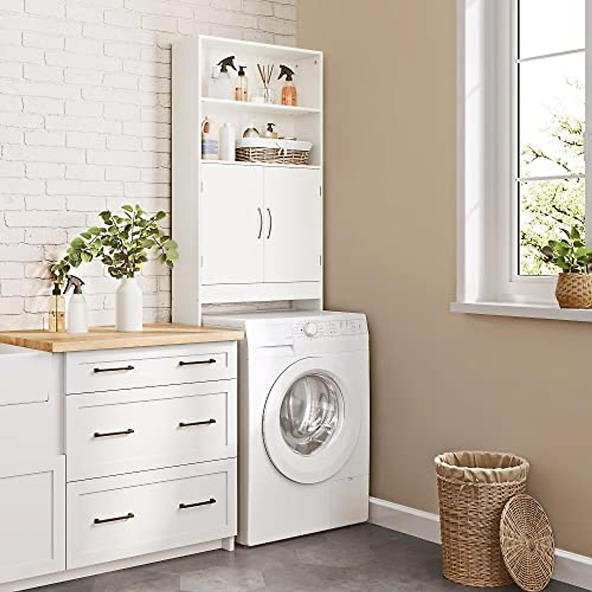 Topeakmart Over The Toilet Storage with 2 Doors & Adjustable Shelf, Free Standing Toilet Rack, Home Space-Saving Furniture with 2 Upper Open Compartments, L25xW8xH77 Inches, White