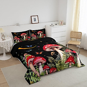Erosebridal Twin Comforter Set for Girls Boys Kids Black Mushroom Bedding Set Kawaii Room Decor,Wild Fungus Plants Nature Comforter Set Star Moon Starry Sky Butterfly Bed Set 2Pcs