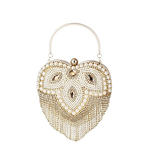 WANLIAN Women Luxury Cute Heart Shape Tassel Evening Clutch Bag Rhinestones Wedding Party Purse Handbag With Earrings Necklace(Gold7)